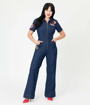Unique Vintage Pit Crew Denim Jumpsuit - Blue