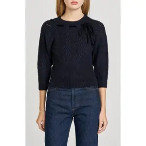 WAYF Miranda Velvet Pointelle Sweater - Navy