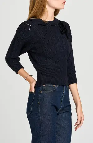 WAYF Miranda Velvet Pointelle Sweater - Navy