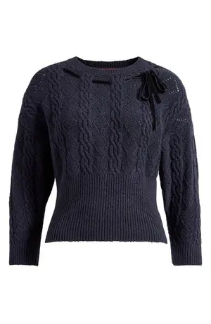 WAYF Miranda Velvet Pointelle Sweater - Navy