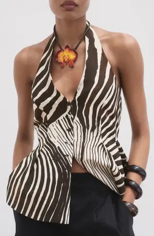 Mango Zebra-print Linen-blend Halter Vest