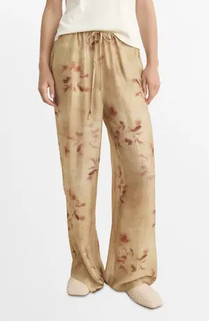 Mango Leaf Print Wide-leg Drawstring Trousers