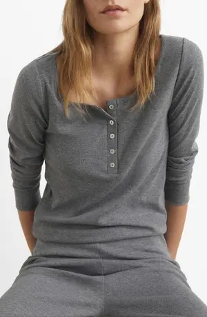 Mango Rib Knit Pajama Henley - Medium Heather Grey