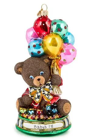 MACKENZIE-CHILDS Baby's First Christmas Balloon Bear Glass Ornament - Brown