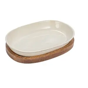 STORIED HOME Stoneware Serving Dish With Mango Wood Base - Cream