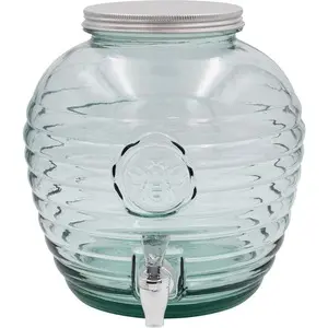 STORIED HOME Reclaimed Glass Ribbed Beverage Dispenser With Bee Embossing - Clear