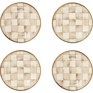 MACKENZIE-CHILDS Check Set Of 4 Enameled Steel Appetizer Plates - Mocha