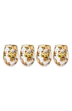 MACKENZIE-CHILDS Set Of 4 Wild Rose Stemless Wineglasses - Yellow