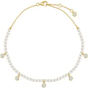 CRISLU Shell Pearl And Cubic Zirconia Bezel Anklet - 18kyg/clear Stone