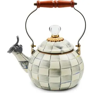 MACKENZIE-CHILDS Sterling Check® Enameled Steel 2-quart Whistling Tea Kettle - Grey/white