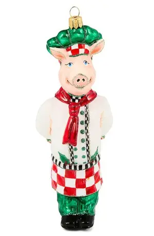 MACKENZIE-CHILDS Check It Out Chef Pig Glass Ornament - White