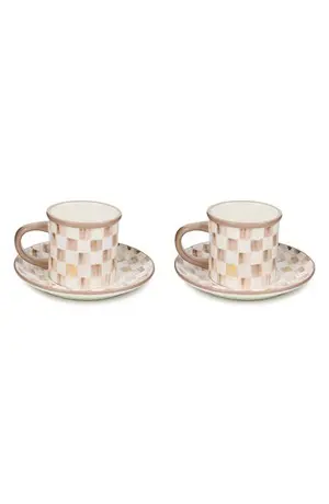 MACKENZIE-CHILDS Check Set Of 2 Espresso Cups & Saucers - Mocha