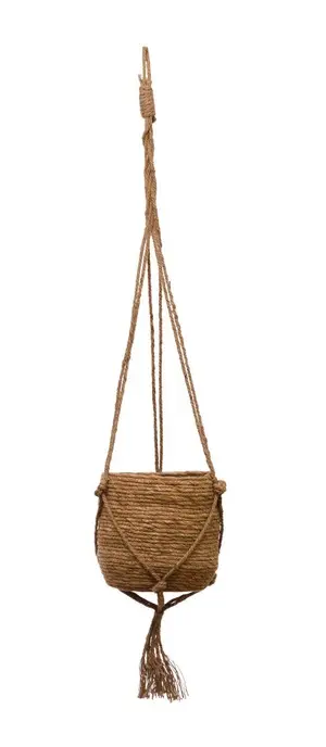 STORIED HOME Round Hanging Straw Planter With Long Jute Rope And Tassel - Natural
