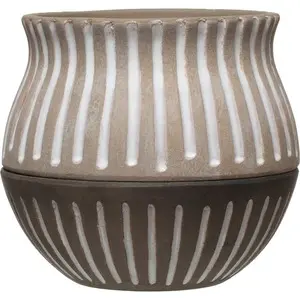 STORIED HOME Round Hand-painted Terra-cotta Planter With Saucer And Debossed Lines - Grey
