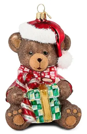 MACKENZIE-CHILDS Check It Out Teddy Bear Glass Ornament - Brown