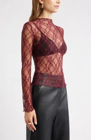 OPEN EDIT Floral Stretch Lace Top - Burgundy Tannin