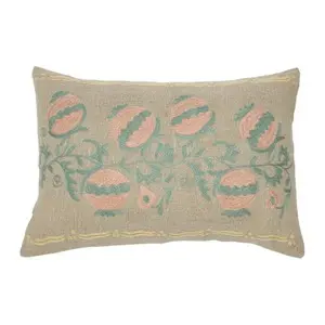 STORIED HOME Cotton Chambray Lumbar Pillow With Embroidery - Beige