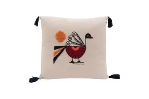 STORIED HOME Square Cotton Pillow With Embroidered Peacock - White
