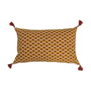 STORIED HOME Cotton Slub Lumbar Pillow With Floral Pattern And Tassels - Yellow