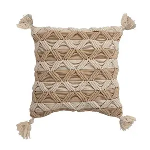 STORIED HOME Bloomingville Hand-woven Cotton Macrame Pillow With Stripes And Tassels - Tan