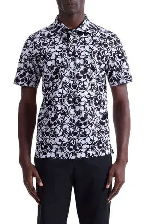 Bugatchi Hendrix Digital Monochromatic Floral Print Pima Cotton Polo - Black