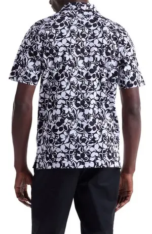 Bugatchi Hendrix Digital Monochromatic Floral Print Pima Cotton Polo - Black