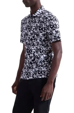 Bugatchi Hendrix Digital Monochromatic Floral Print Pima Cotton Polo - Black