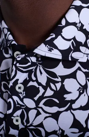 Bugatchi Hendrix Digital Monochromatic Floral Print Pima Cotton Polo - Black