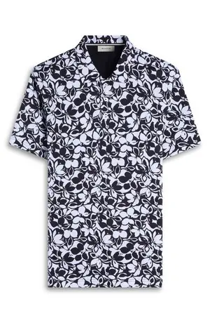 Bugatchi Hendrix Digital Monochromatic Floral Print Pima Cotton Polo - Black