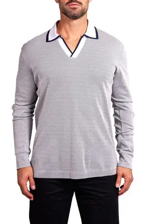 MACEOO Ascension0001 Johnny Collar Long Sleeve Cotton Polo - White