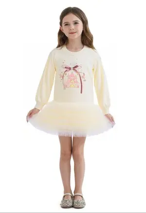 MIMI TUTU Ruffle Ribbon Dress - Beige