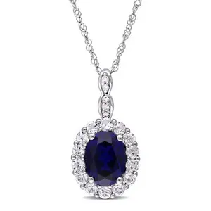 JULIANNA B. Gemstone And Diamond Oval Halo Necklace - Created Sapphire/white Gold