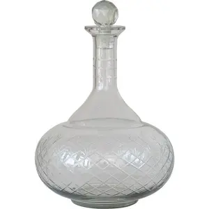 STORIED HOME Round Reclaimed Etched Glass Decanter With Tall Neck - Clear