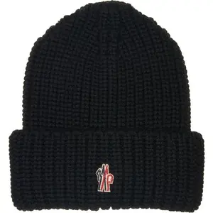 Moncler Logo Patch Virgin Wool Beanie - Black