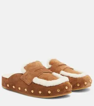 Veronica Beard Fenix Shearling-Lined Suede Mules Brown