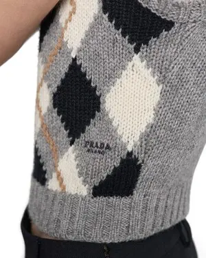 Prada Argyle Knit Cashmere Top - Grey