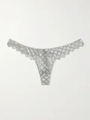 Kiki De Montparnasse Lamine Embroidered Stretch-silk Tulle Thong - Silver