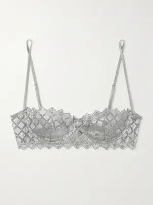 Kiki De Montparnasse Lamine Embroidered Silk-blend Tulle Underwired Balconette Bra - Silver