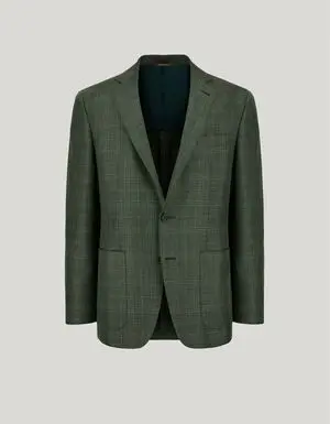 Canali Green And Overcheck Kei Blazer In Wool, Silk And Linen - Beige