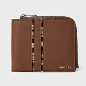 Paul Smith Tan Leather 'signature Stripe' Piping Zip Billfold Wallet - Brown