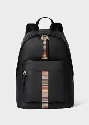 Paul Smith Leather Backpack With Signature Stripe Trim - Black