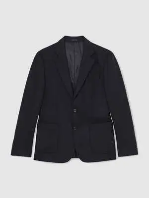 REISS Carson Flannel Slim-fit Blazer With Wool - Navy