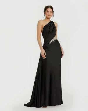 Mac Duggal One-shoulder Charmeuse Gown With Beaded Cutout - Black