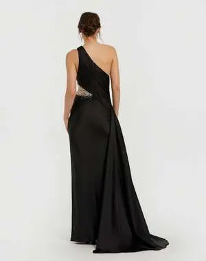 Mac Duggal One-shoulder Charmeuse Gown With Beaded Cutout - Black