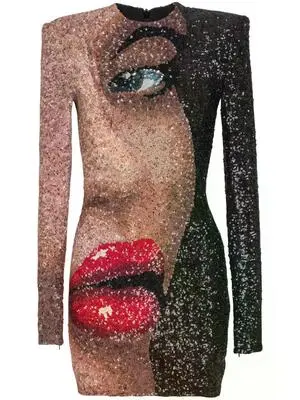 Balmain Long Sleeve Sequin Embellished Mini Dress