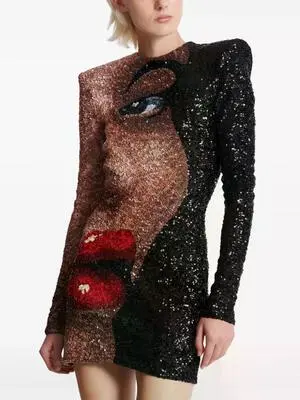 Balmain Long Sleeve Sequin Embellished Mini Dress