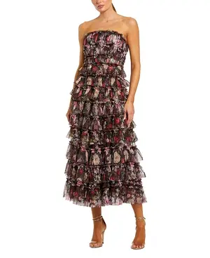 Mac Duggal Strapless Ruffle A-line Midi Dress
