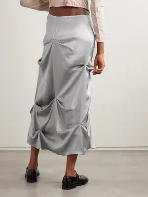 GANNI Gathered Draped Metallic Satin Midi Skirt