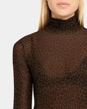 FRAME Sheer Mesh Turtleneck Top - Leopard