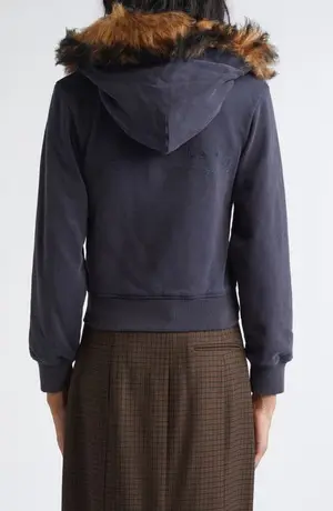 Acne Studios Fuma Organic Cotton Fleece Zip-up Hoodie With Shearling Trim - Rust Brown/navy